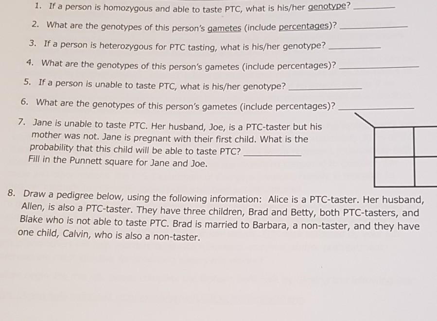 Solved 1. If a person is homozygous and able to taste PTC, | Chegg.com