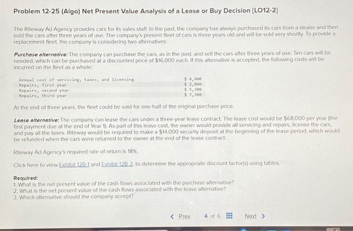Solved Problem 12-25 (Algo) Net Present Value Analysis of a | Chegg.com