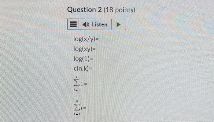 Solved log(x/y)= log(xy)= log(1)= c(n,k)= ∑i=121= ∑i=1nt= | Chegg.com