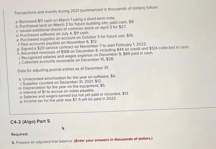 Solved Transactions and events during 2021 (summarized in | Chegg.com