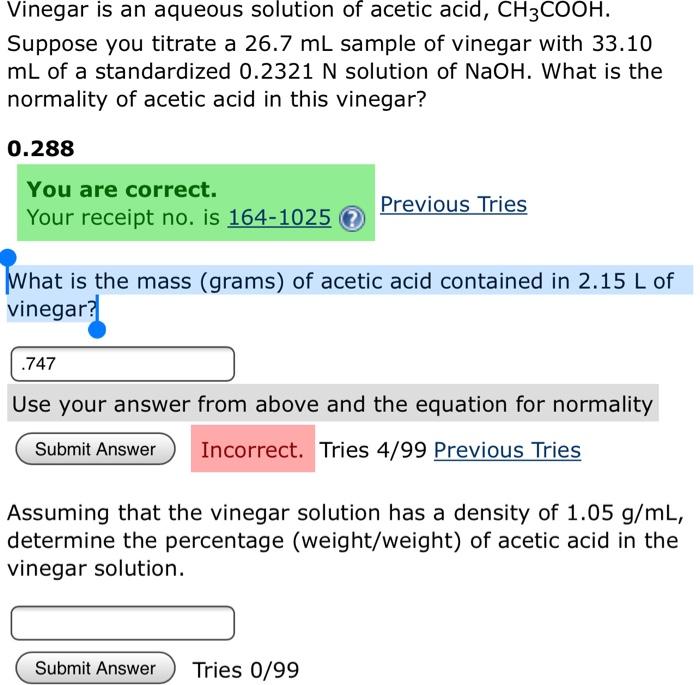 Solved Vinegar is an aqueous solution of acetic acid, | Chegg.com