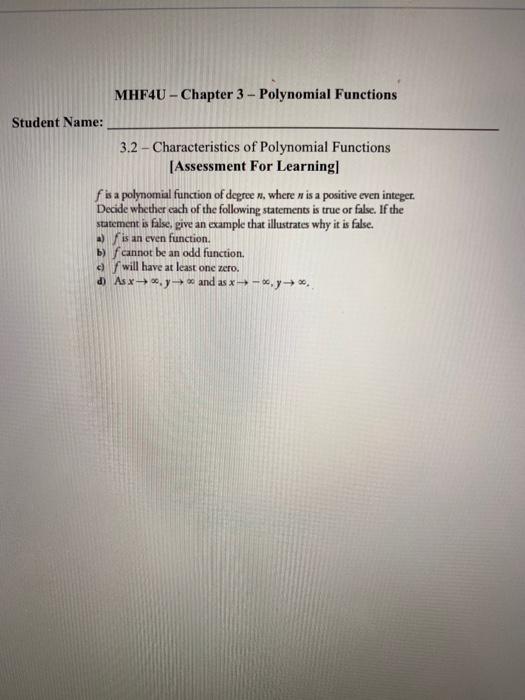 Solved MHF4U - Chapter 3 - Polynomial Functions Student | Chegg.com