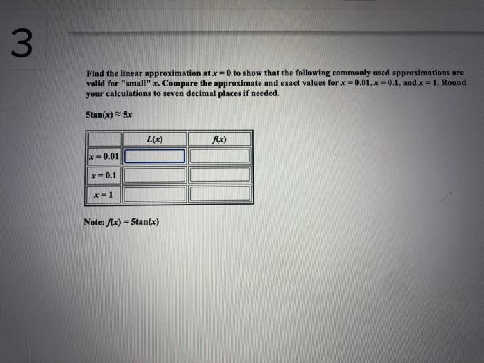 Solved 3 Find the linear approximation at x = 0 to show that | Chegg.com