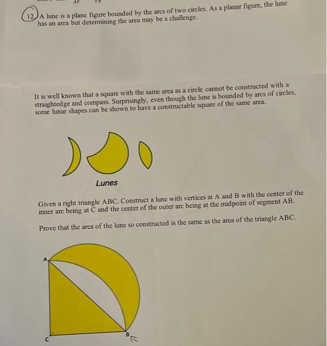 Solved 12. A lune is a plane figure bounded by the arcs of | Chegg.com