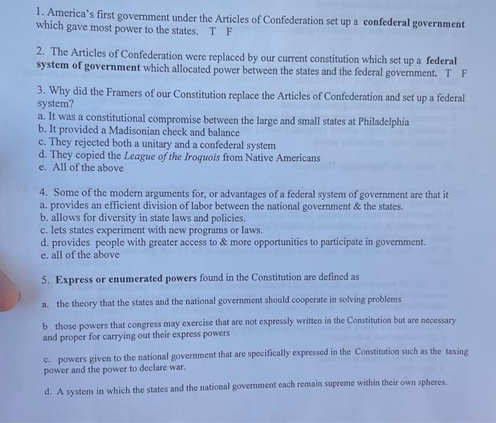 1. America's first government under the Articles of | Chegg.com