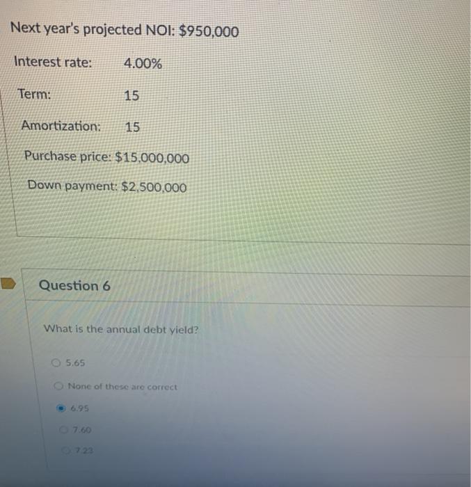 Solved Next year's projected NOI: $950,000 Interest rate: | Chegg.com