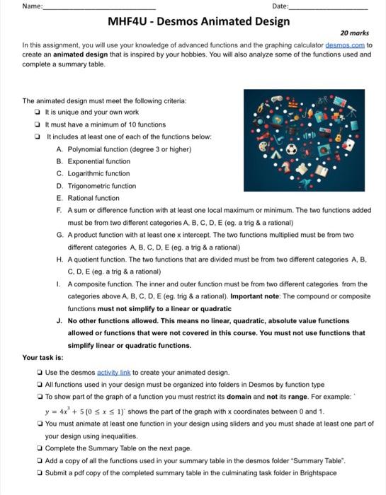 Solved Name: Date: MHF4U - Desmos Animated Design 20 marks | Chegg.com
