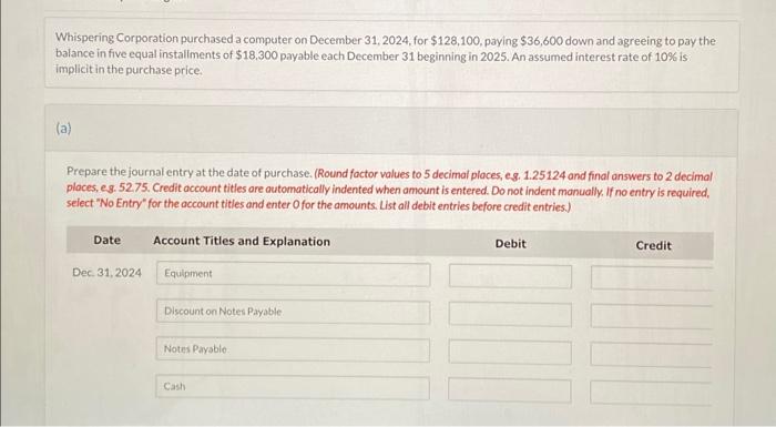 Solved Whispering Corporation purchased a computer on | Chegg.com