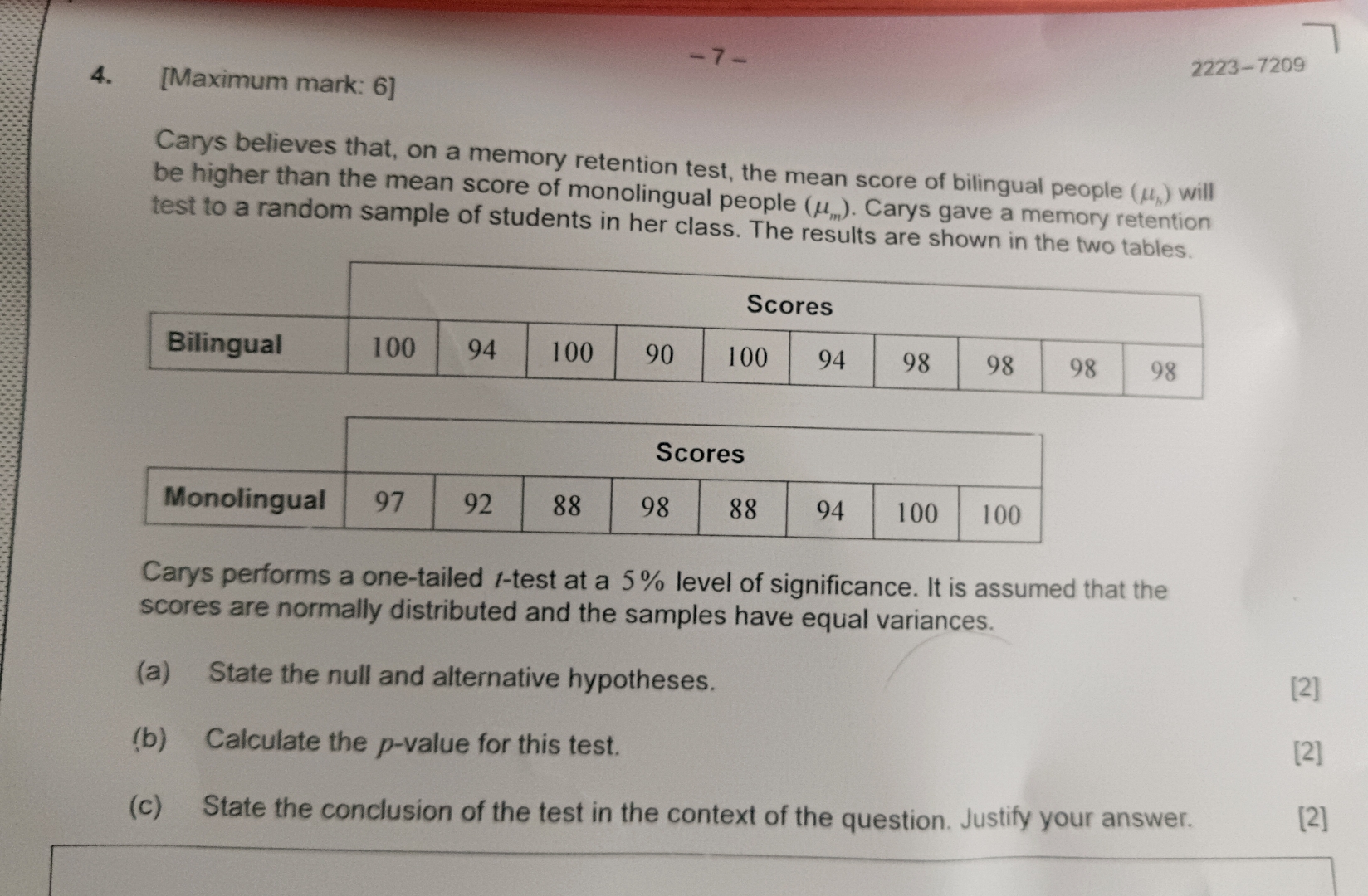 Solved [Maximum mark: 6]2223-7209Carys believes that, on a | Chegg.com
