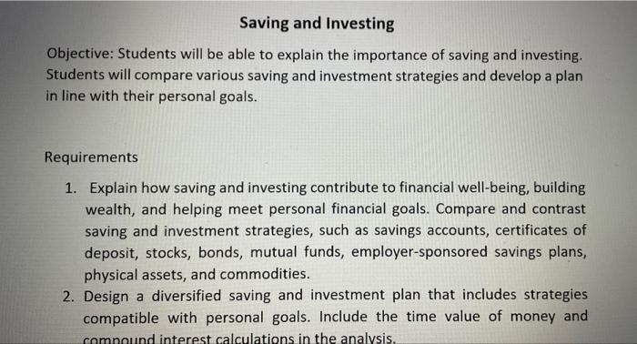 Solved Saving and Investing Objective: Students will be able | Chegg.com