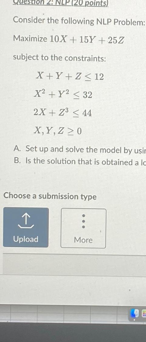 Subject to constraints:X+Consider the following NLP | Chegg.com