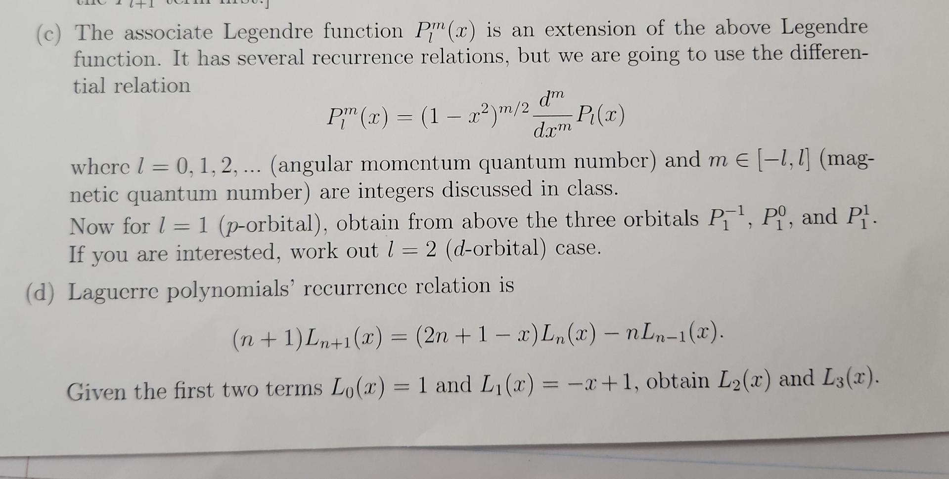 Solved C The Associate Legendre Function Plm X Is An