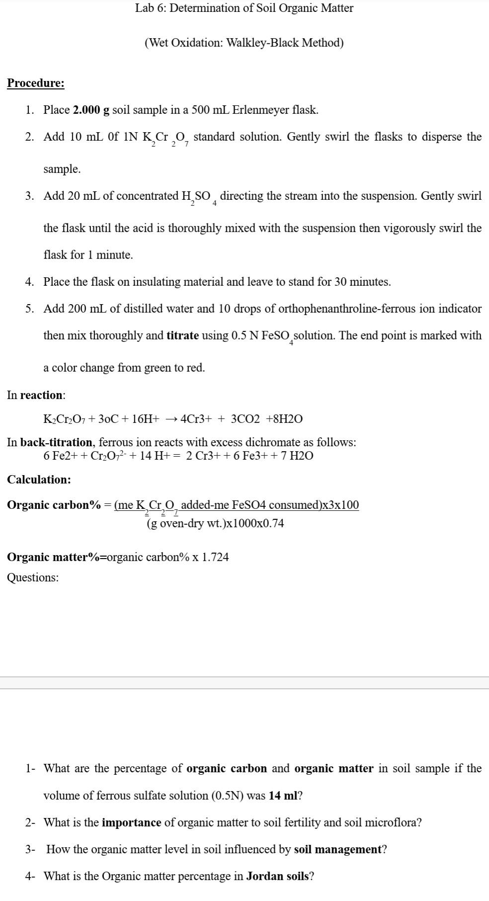 Solved Lab 6: Determination of Soil Organic Matter (Wet | Chegg.com