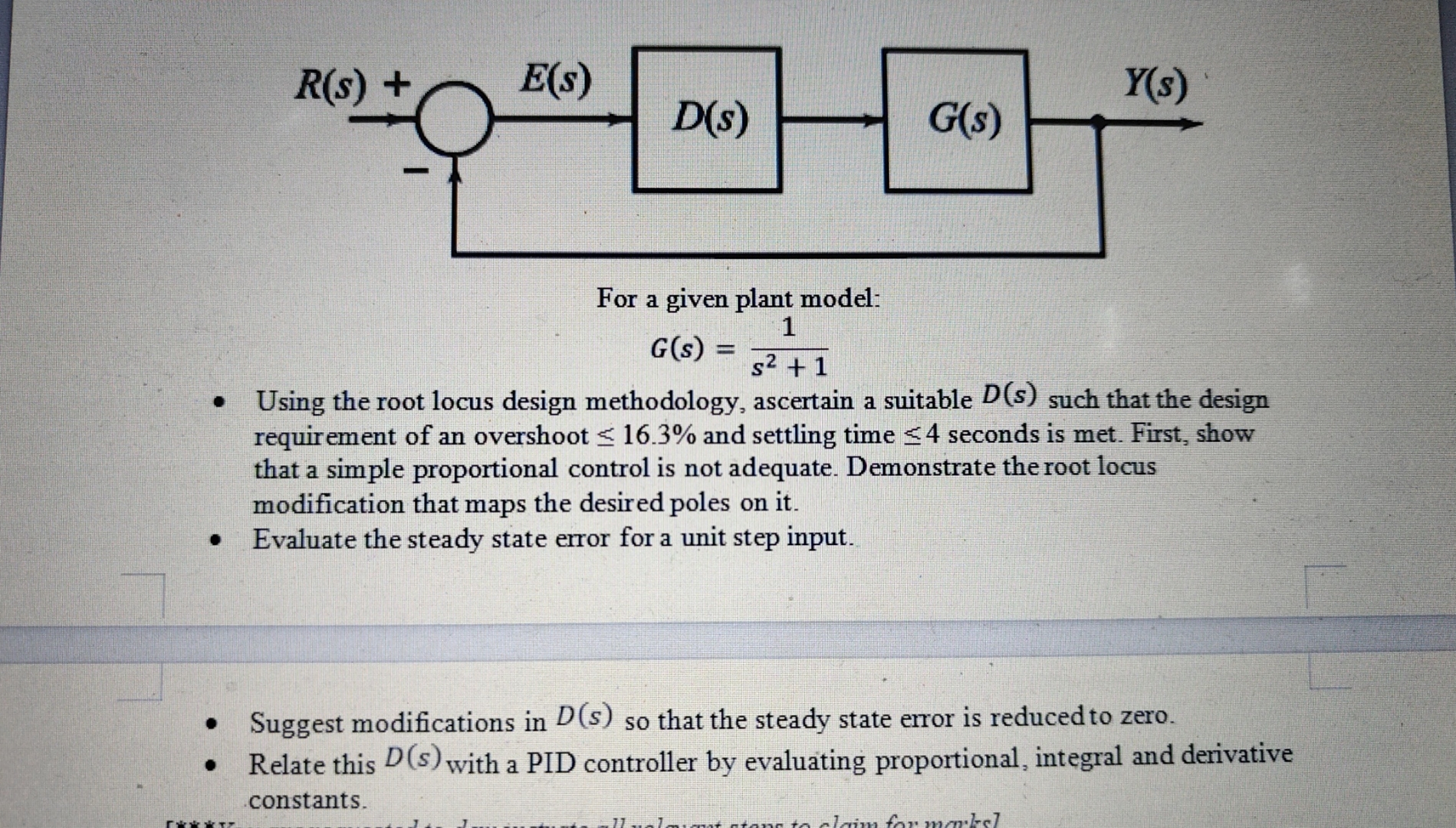 Solved For a given plant model:G(s)=1s2+1Using the root | Chegg.com