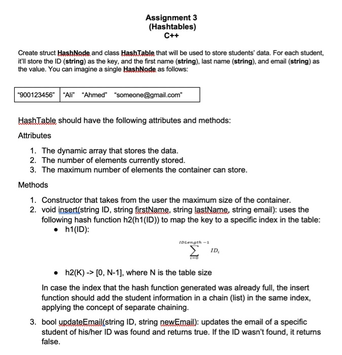 Solved Assignment 3 (Hashtables) C++ Create struct Hash Node | Chegg.com