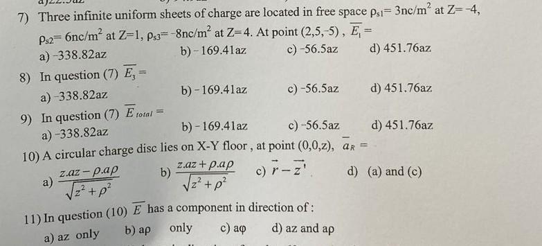 Solved 7) Three infinite uniform sheets of charge are | Chegg.com