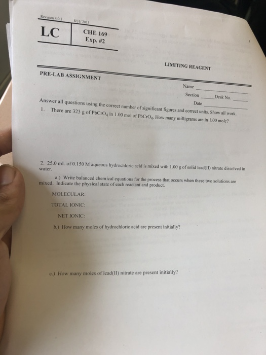 Solved Revision 3 UU 2015 LC CHE 169 Exp. #2 LIMITING | Chegg.com