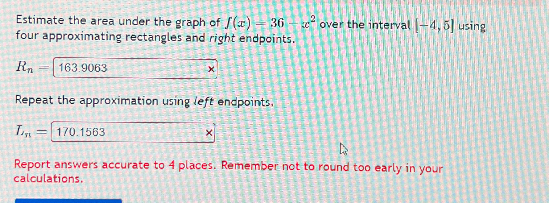 Solved Estimate the area under the graph of f(x)=36-x2 ﻿over | Chegg.com
