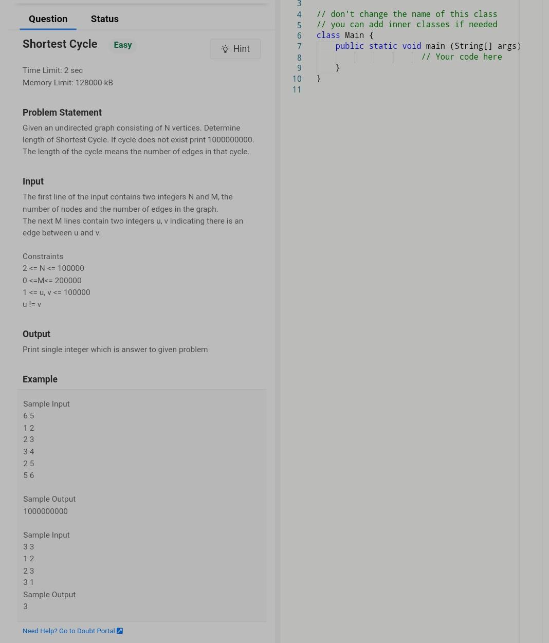 Solved Question Status Shortest Cycle Easy • Hint 3 4 5 5 6 | Chegg.com