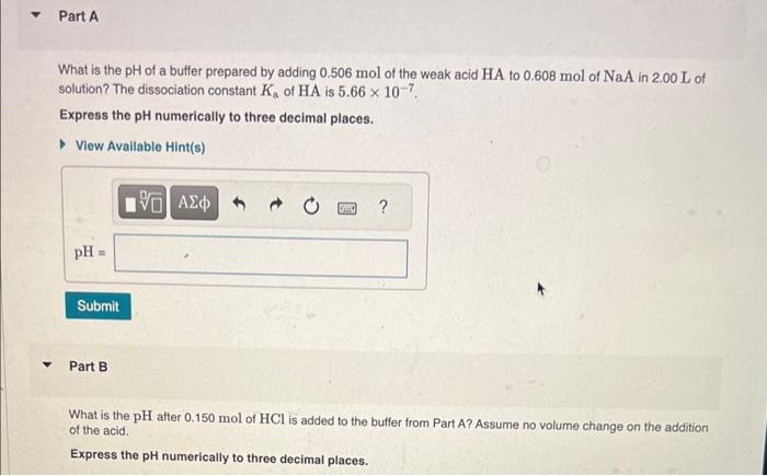 Solved What is the pH of a buffer prepared by adding 0.506 | Chegg.com
