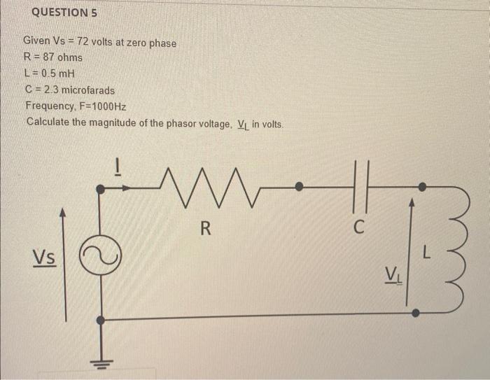 Solved Given the phasor voltage, Vs=83 volts at zero phase | Chegg.com