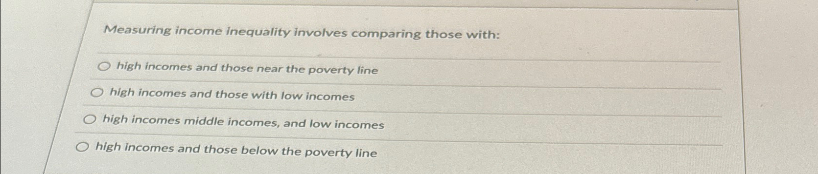 Solved Measuring income inequality involves comparing those | Chegg.com
