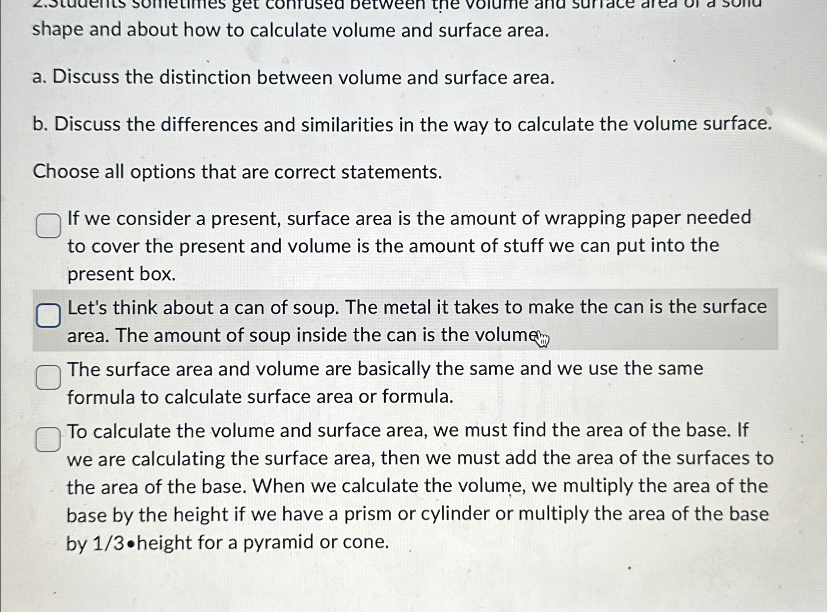 Solved shape and about how to calculate volume and surface | Chegg.com