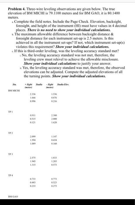 Problem 4. Three-wire leveling observations are given | Chegg.com