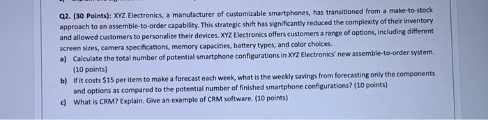 Solved Q2. (30 Points): XYZ Electronics, a manufacturer of | Chegg.com
