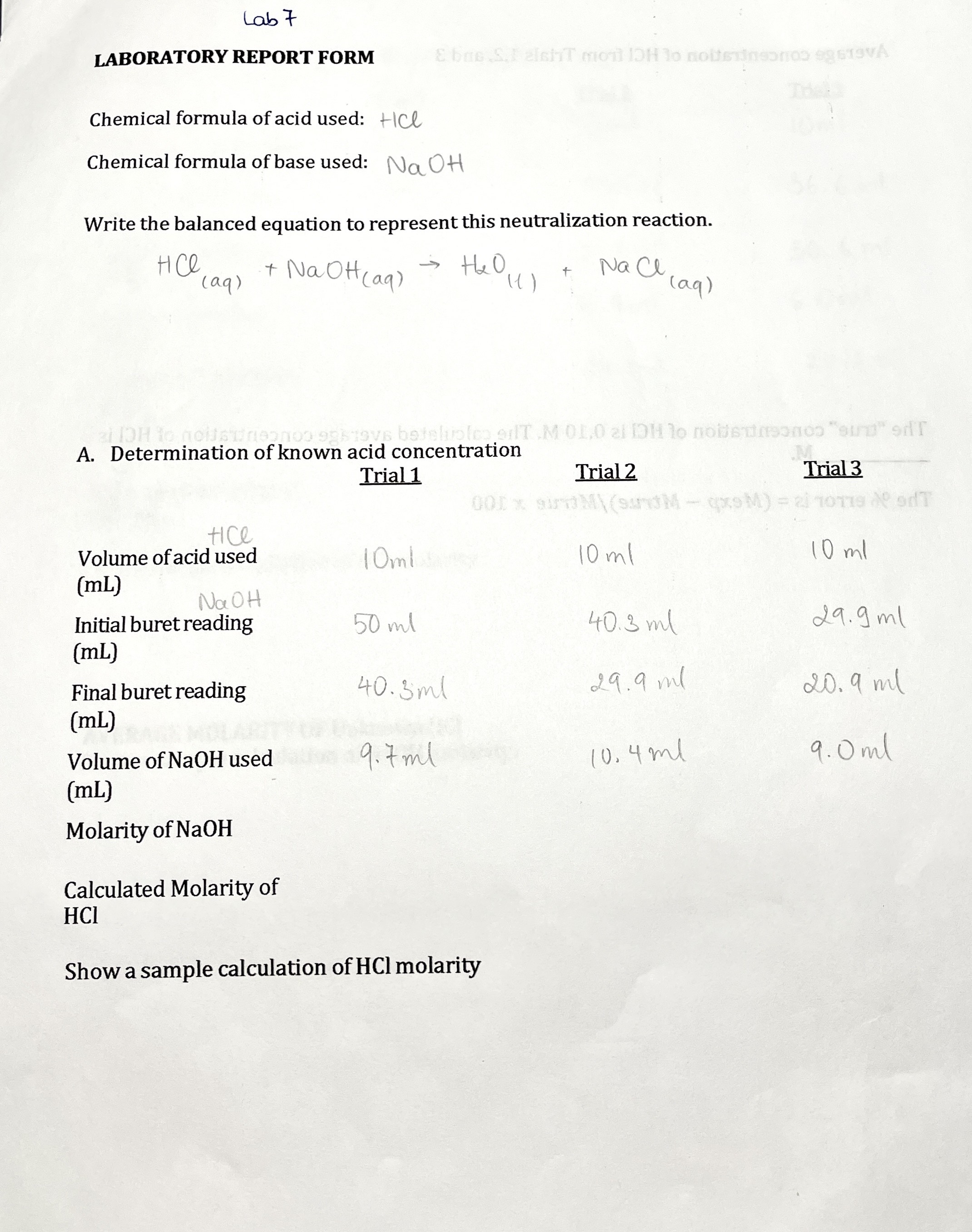 Solved LABORATORY REPORT FORMChemical formula of acid used: | Chegg.com