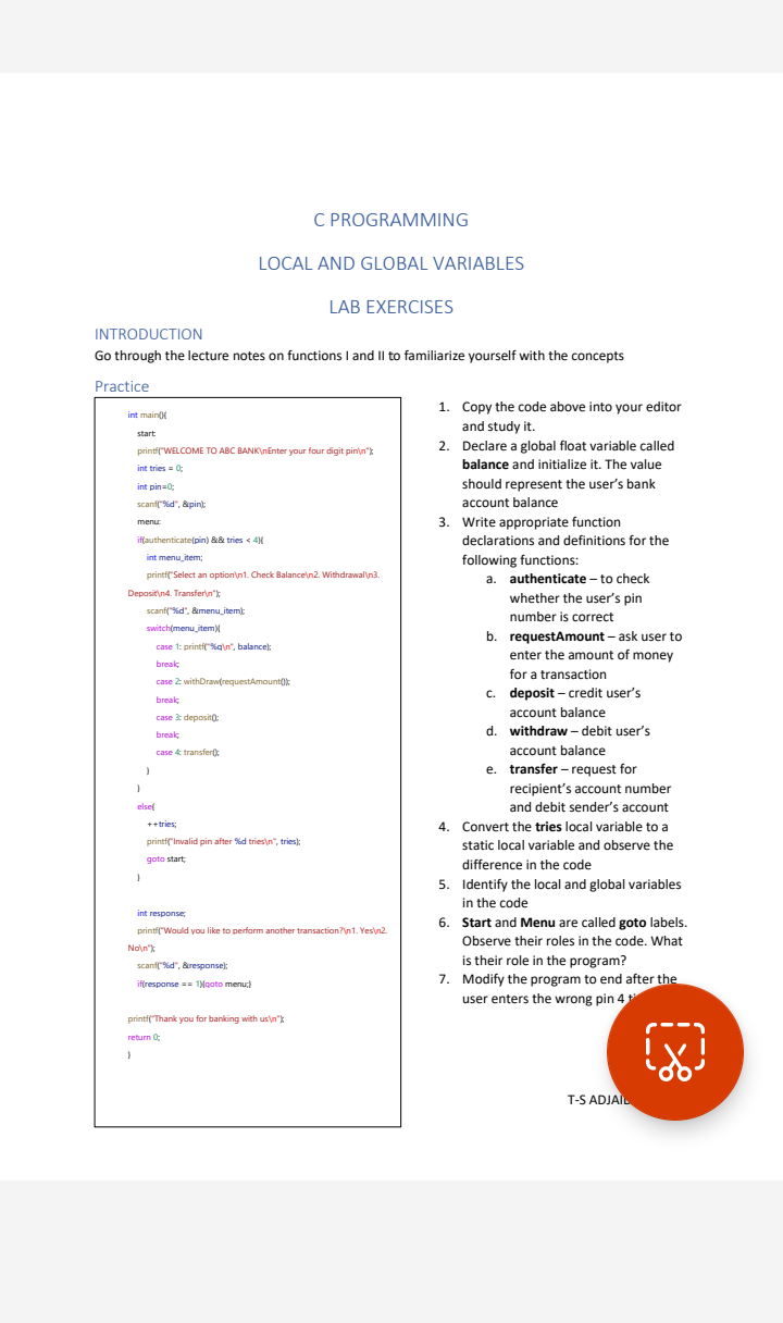 Solved C PROGRAMMING LOCAL AND GLOBAL VARIABLES LAB | Chegg.com