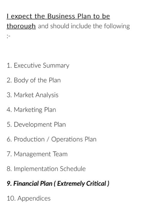 I expect the Business Plan to be thorough and should | Chegg.com