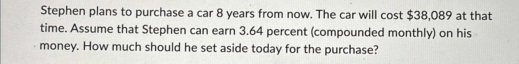 Solved Stephen plans to purchase a car 8 ﻿years from now. | Chegg.com