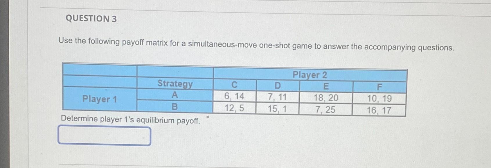 Solved QUESTION 3Use the following payoff matrix for a | Chegg.com
