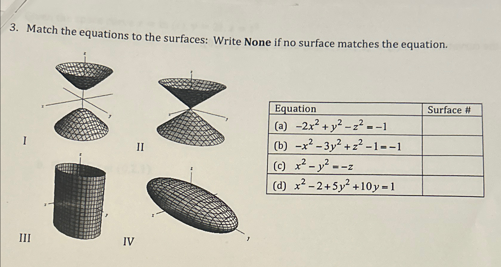 Solved Match the equations to the surfaces: Write None if no | Chegg.com