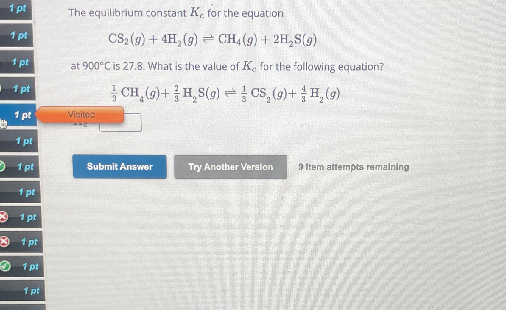 Solved The equilibrium constant Kc ﻿for the | Chegg.com