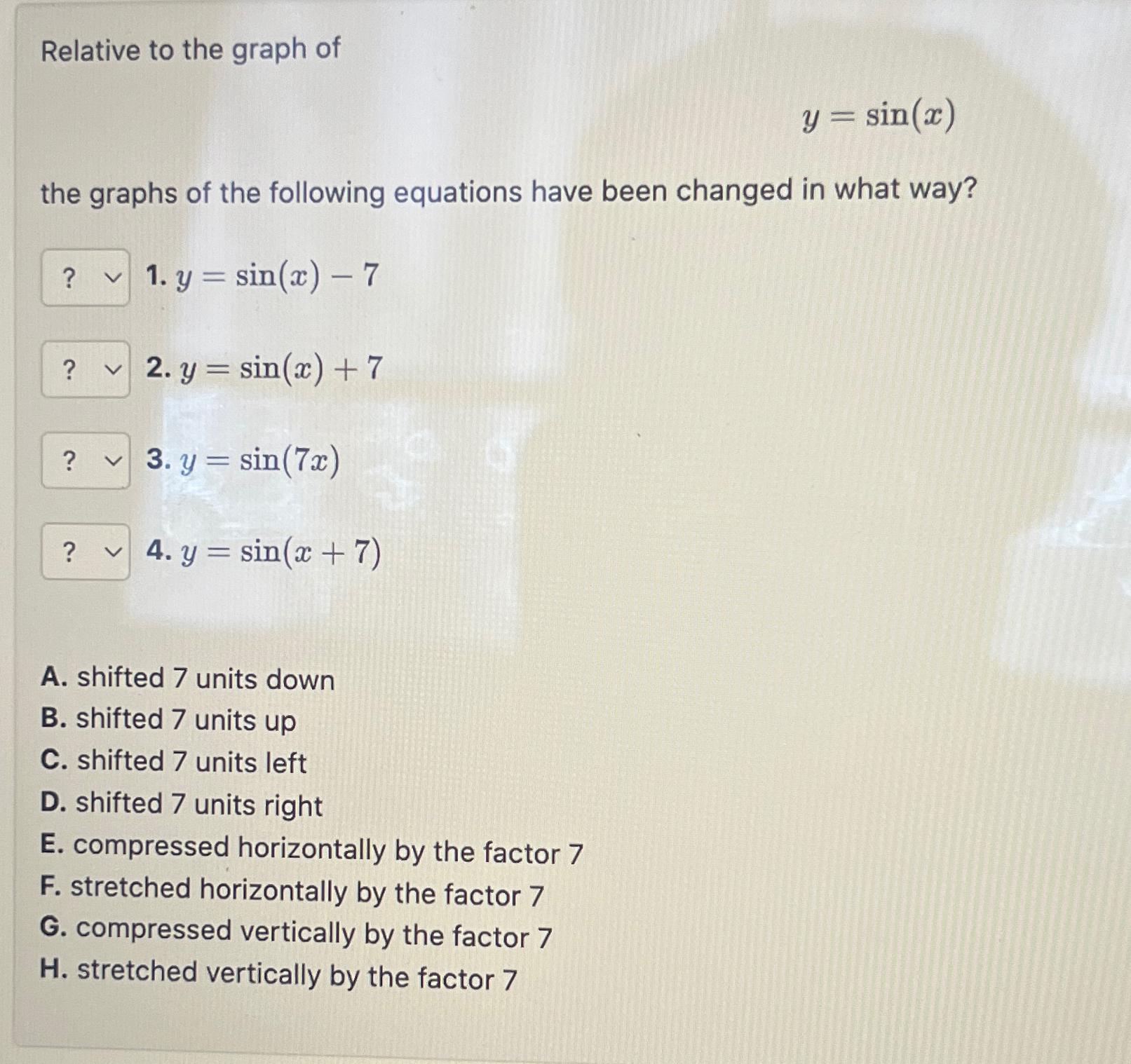 Solved Relative to the graph ofy=sin(x)the graphs of the | Chegg.com
