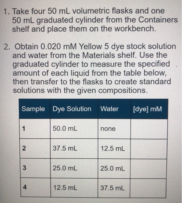 Solved 1. Take four 50 mL volumetric flasks and one 50 mL | Chegg.com