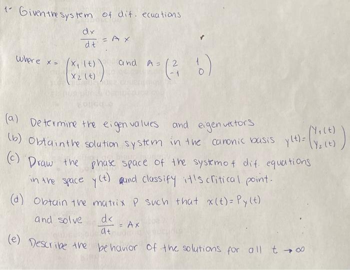 Solved to Given the system of dit. ecuations dx dt AX where | Chegg.com
