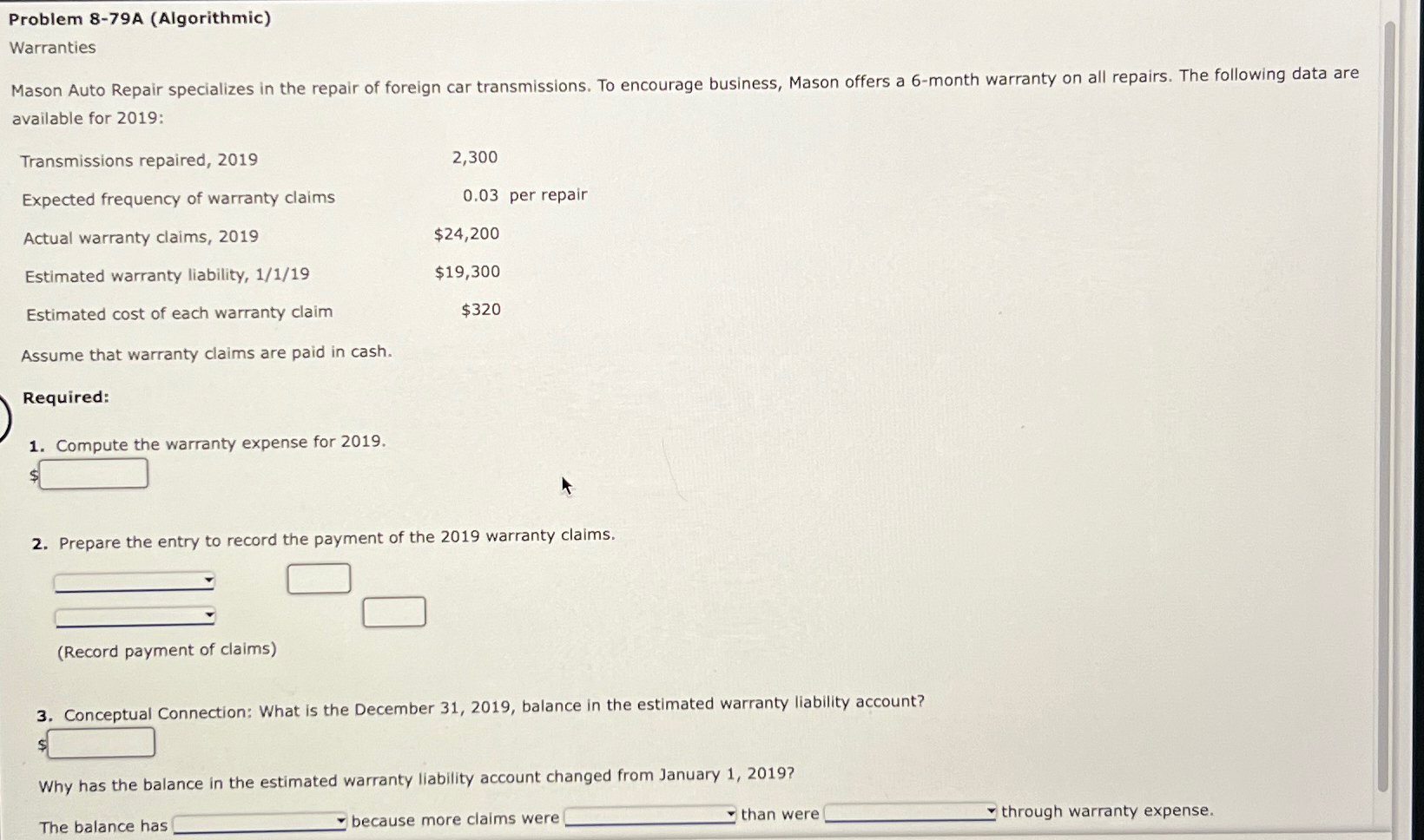 Solved Problem 8-79A (Algorithmic)WarrantiesMason Auto | Chegg.com