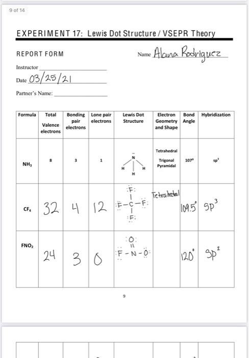 Solved 9 of 14 EXPERIMENT 17: Lewis Dot Structure / VSEPR | Chegg.com Solved 9 of 14 EXPERIMENT 17: Lewis Dot Structure / VSEPR | Chegg.com