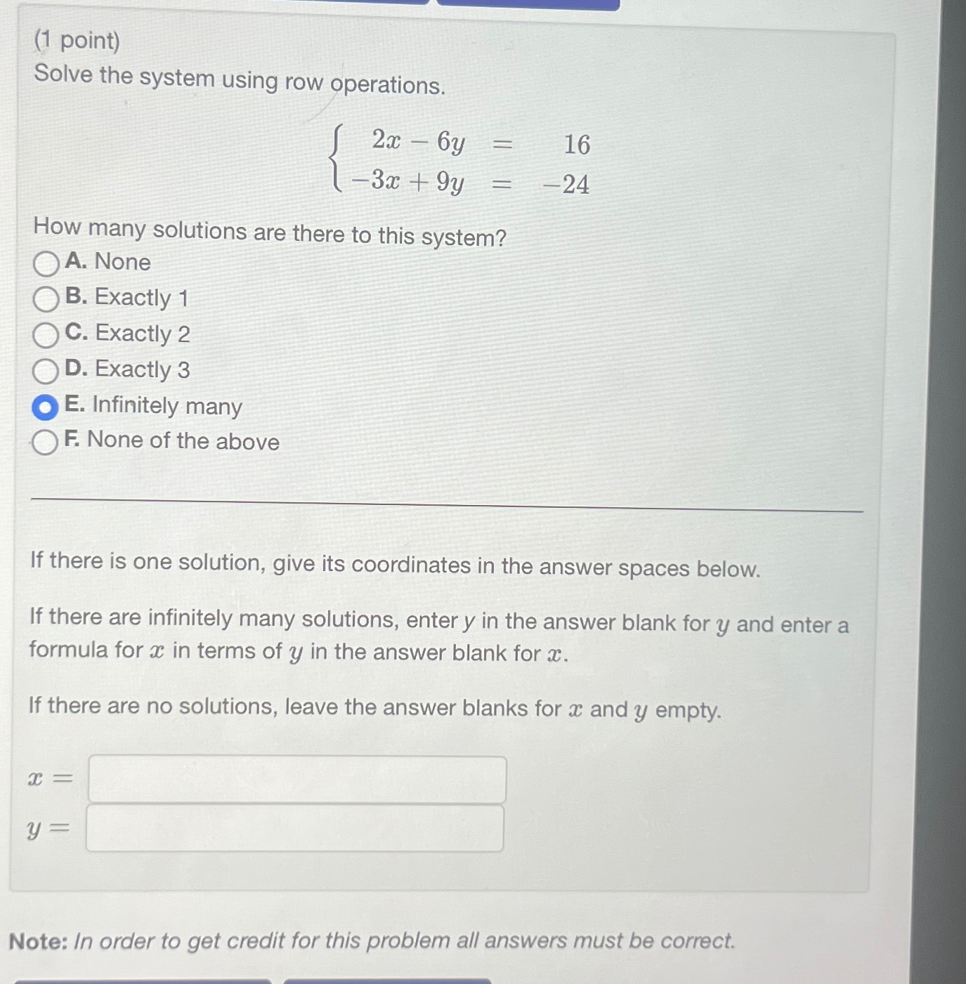 Solved (1 ﻿point)Solve the system using row | Chegg.com