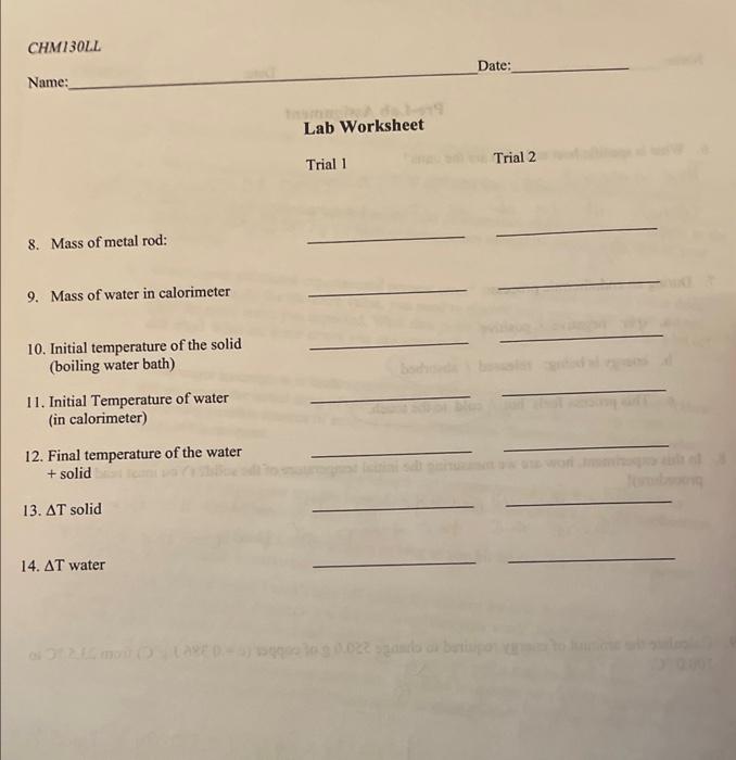 Solved Name: Lab Worksheet Trial 1 Trial 2 8. Mass of metal | Chegg.com