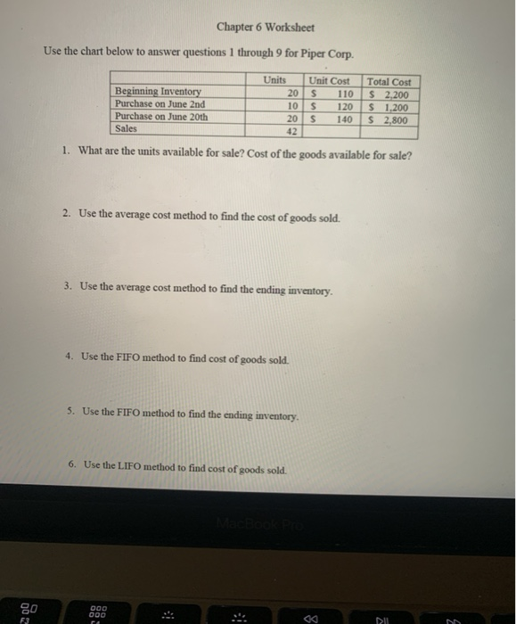 Solved Chapter 6 Worksheet Use the chart below to answer | Chegg.com