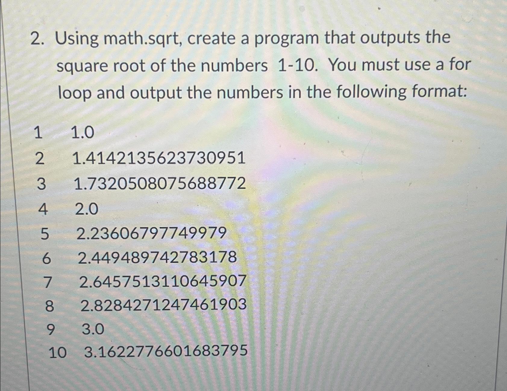 Solved Using math.sqrt, ﻿create a program that outputs the | Chegg.com