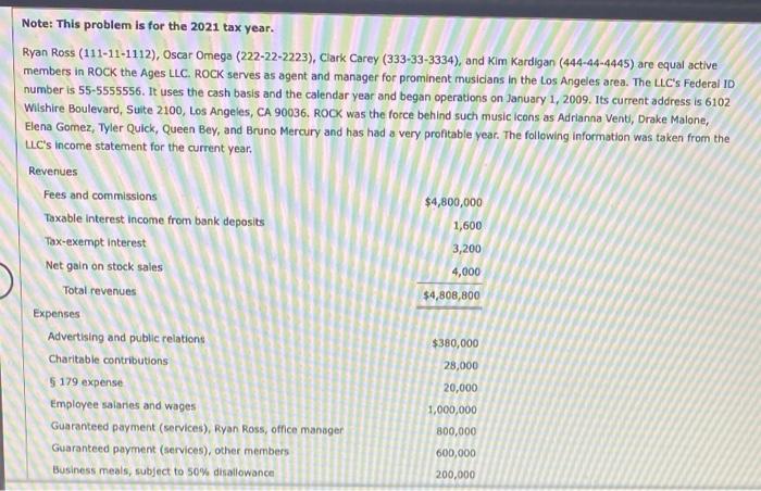 Note: This problem is for the 2021 tax year. Ryan | Chegg.com