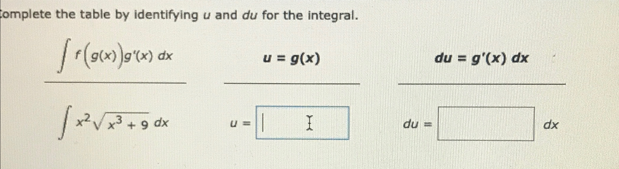 Solved complete the table by identifying u ﻿and du ﻿for the | Chegg.com