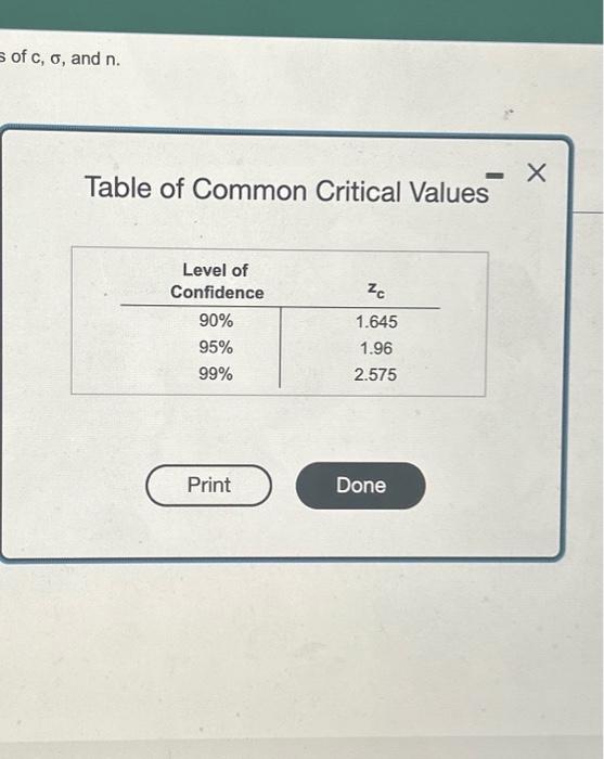 Solved Find the margin of error for the given values of c,σ, | Chegg.com