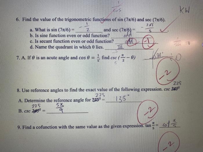 Solved 6. Find the value of the trigonometric functions of | Chegg.com