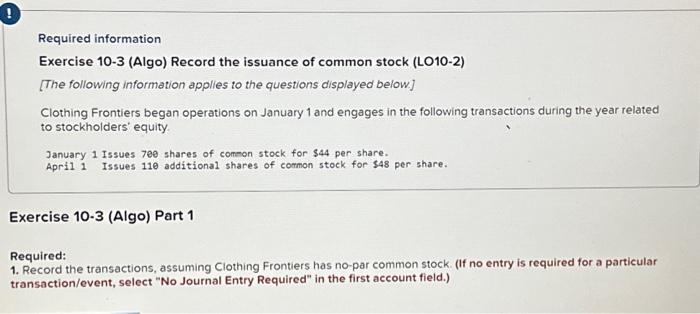 Solved Required information Exercise 10-3 (Algo) Record the | Chegg.com